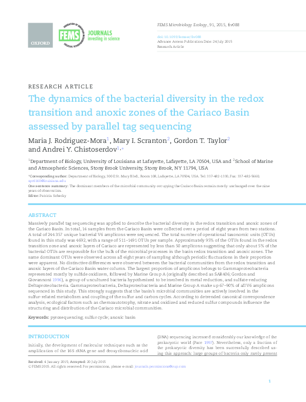 (PDF) The dynamics of the bacterial diversity in the redox transition and anoxic zones of the ...