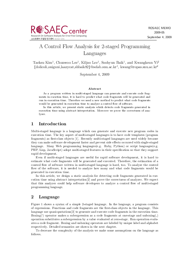 Pdf A Control Flow Analysis For 2 Staged Programming Languages