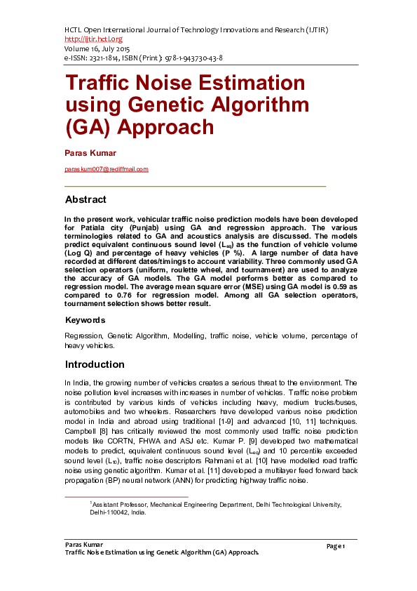 (PDF) Traffic Noise Prediction via Genetic Algorithm