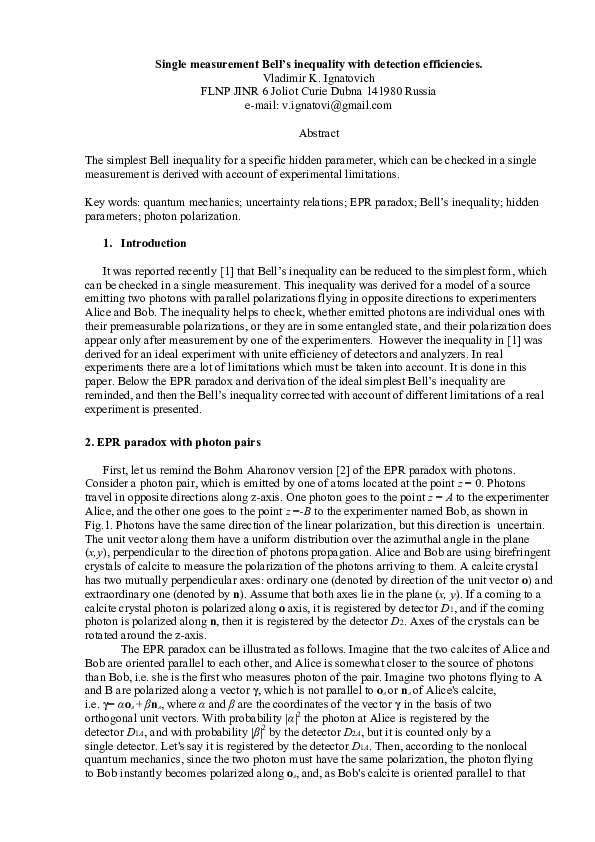 (PDF) Single measurement Bell’s inequality with detection efficiencies. (PDF) Single measurement Bell’s inequality with detection efficiencies.