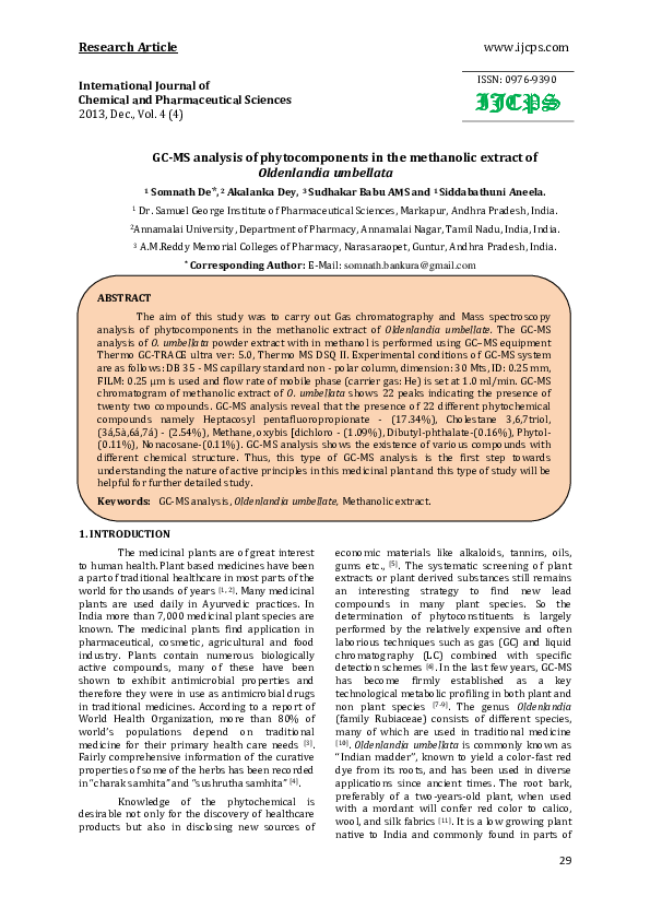 (PDF) 5GC-MS analysis of phytocomponents in the methanolic extract of