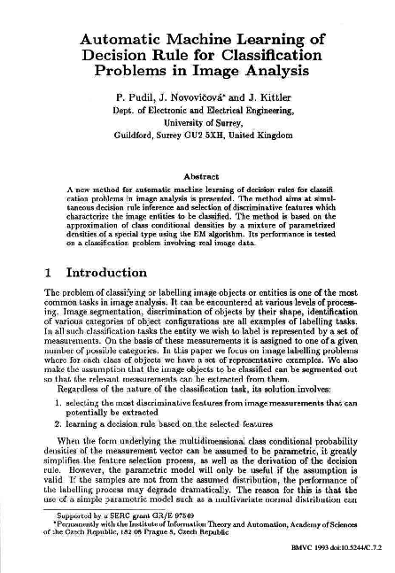 Pdf Automatic Machine Learning Of Decision Rule For Classification Problems In Image Analysis