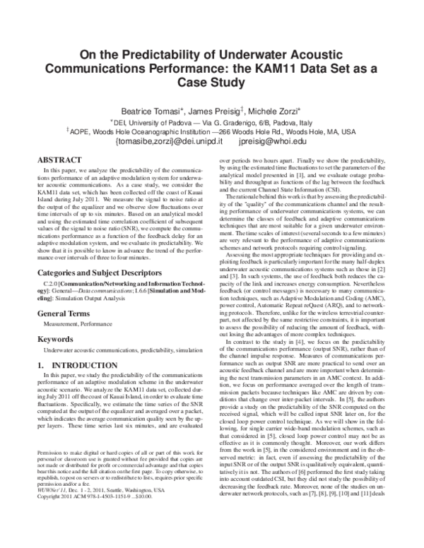 (PDF) On the predictability of underwater acoustic communications performance: the KAM11 data ...
