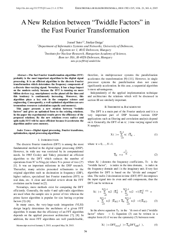 (PDF) A New Relation between “Twiddle Factors” in the Fast Fourier Transformation | Stefan Oniga ...