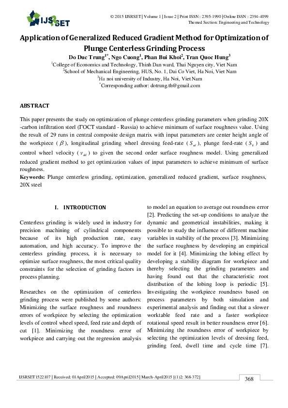 Pdf Application Of Generalized Reduced Gradient Method For Optimization Of Plunge Centerless