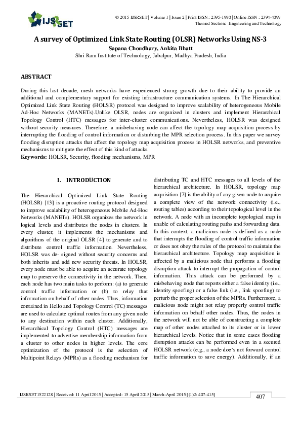 (PDF) A Survey of Optimized Link State Routing(OLSR) Networks using NS-3