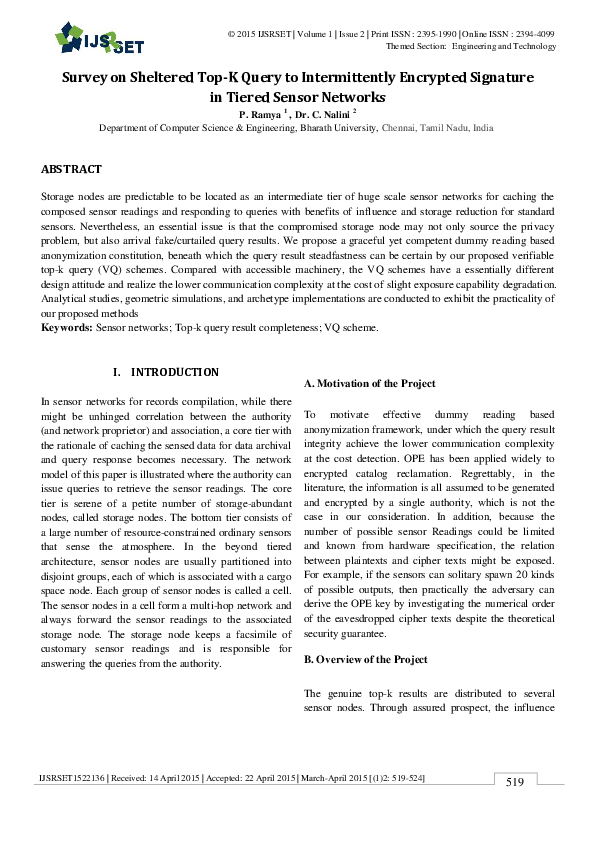 (PDF) Survey on Sheltered Top-K Query to Intermittently Encrypted Signature in Tiered Sensor ...