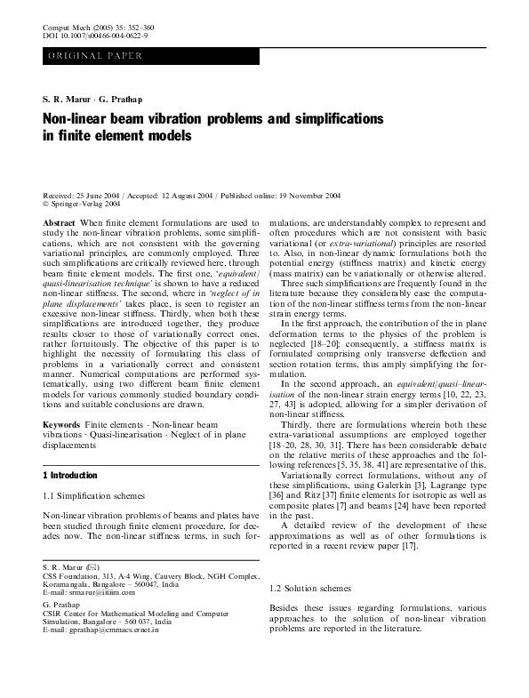 (PDF) Non-linear beam vibration problems and simplifications in finite element models