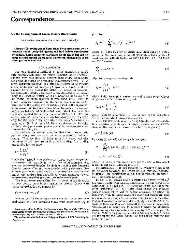 Pdf On The Coding Gain Of Linear Binary Block Codes
