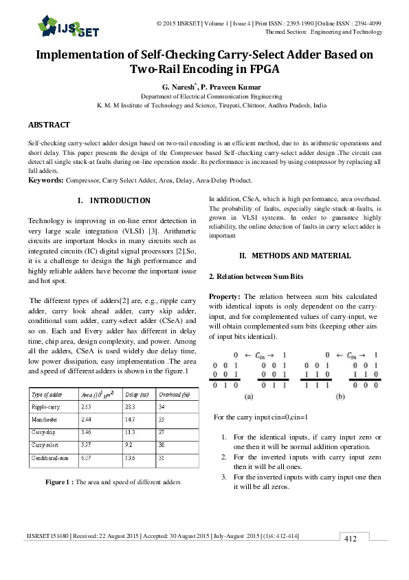 Pdf Implementation Of Self Checking Carry Select Adder Based On Two Rail Encoding In Fpga
