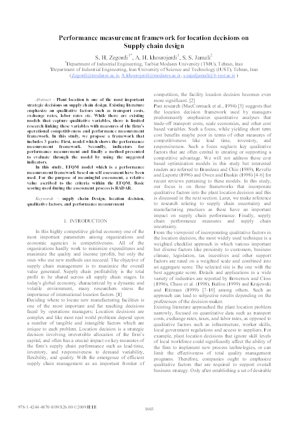 (PDF) Performance measurement framework for location decisions on Supply chain design