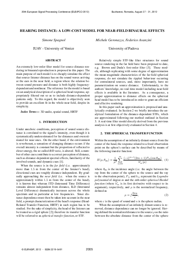 (PDF) HEARING DISTANCE: A LOW-COST MODEL FOR NEAR-FIELD BINAURAL EFFECTS