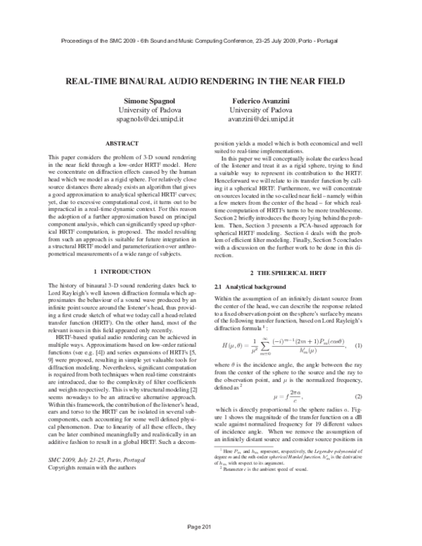 (PDF) REAL-TIME BINAURAL AUDIO RENDERING IN THE NEAR FIELD