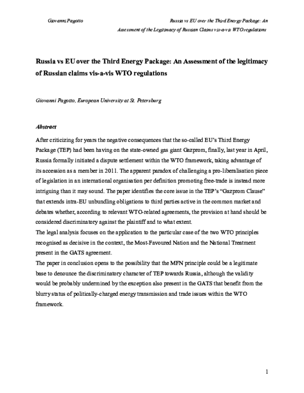 (DOC) Russia vs EU over the Third Energy Package: An Assessment of the legitimacy of Russian ...