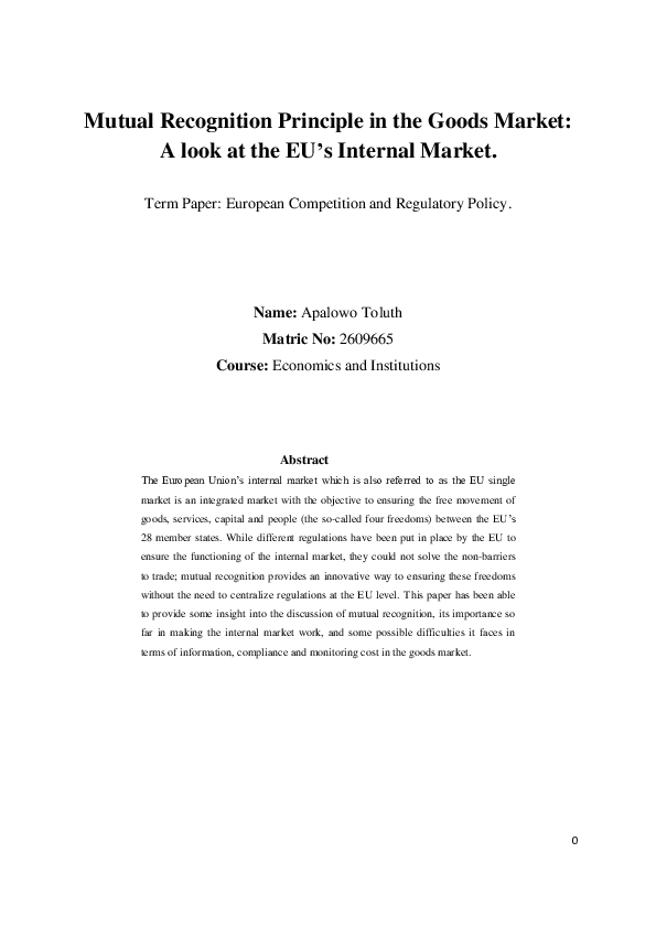 (PDF) Mutual Recognition Principle in the Goods Market: A look at the ...