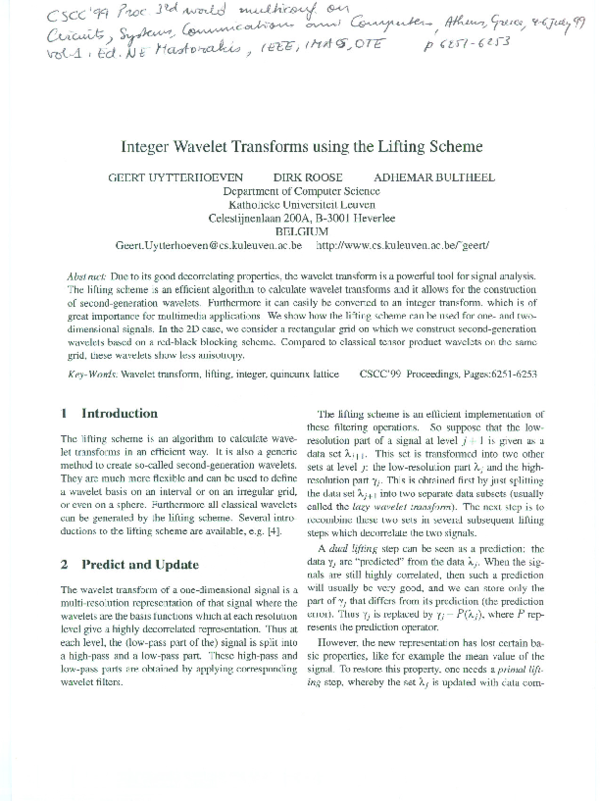 Pdf Integer Wavelet Transforms Via Lifting Scheme