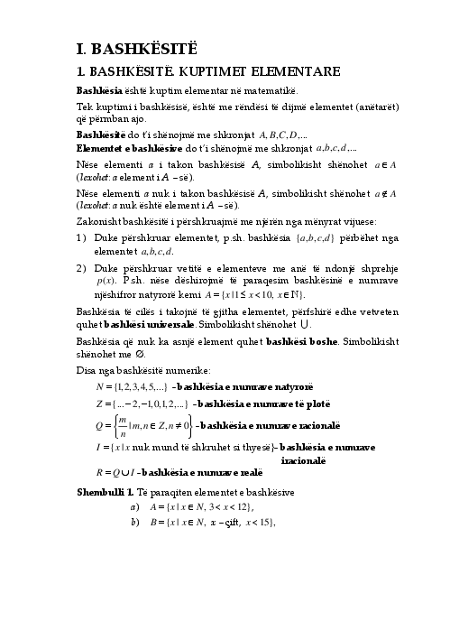 (PDF) I. BASHKËSITË 1. BASHKËSITË. KUPTIMET ELEMENTARE