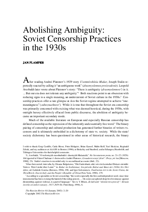 (PDF) Abolishing Ambiguity: Soviet Censorship Practices in the 1930s