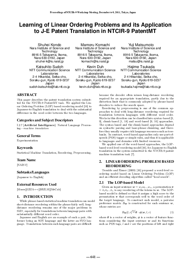 (PDF) Learning of Linear Ordering Problems and its Application to JE Patent Translation in NTCIR ...