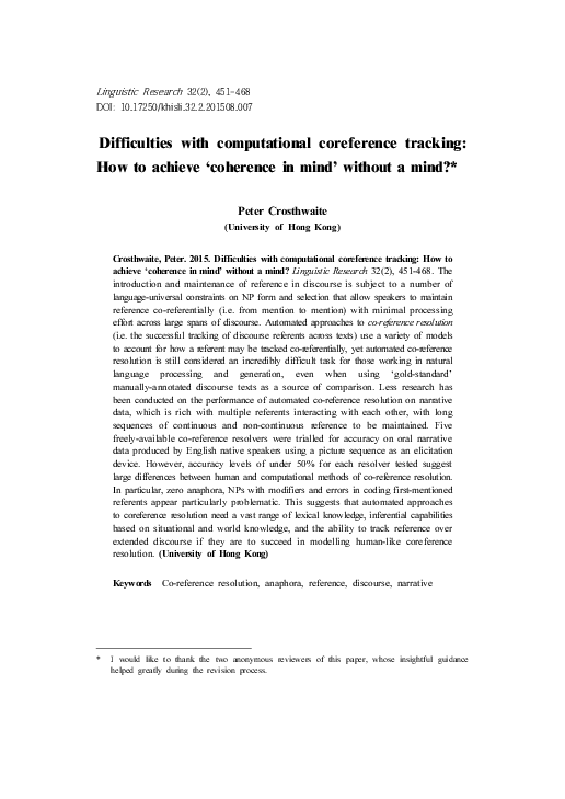 (PDF) Difficulties with computational coreference tracking