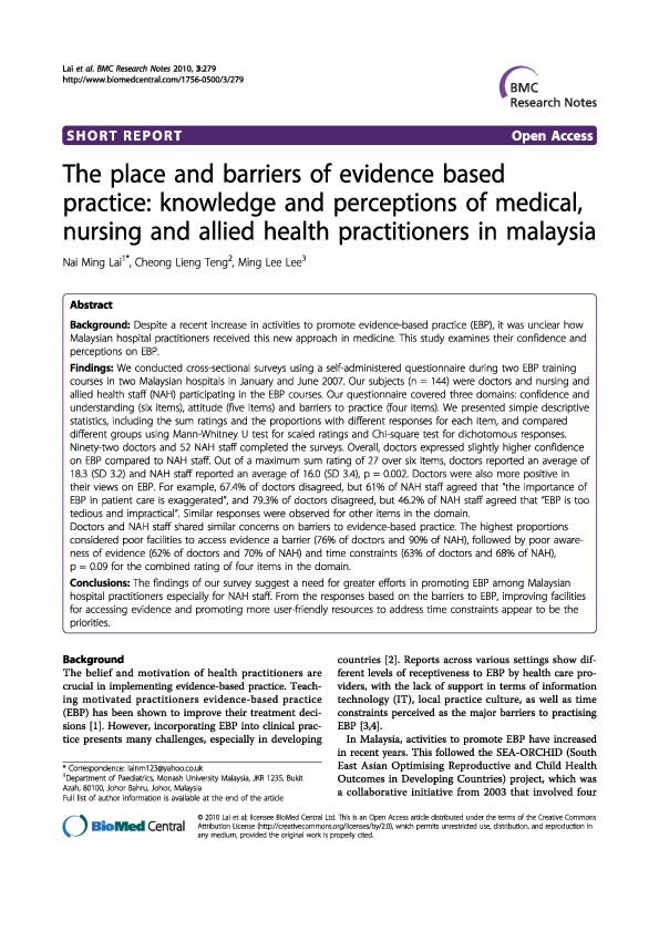 (PDF) The place and barriers of evidence based practice: knowledge and perceptions of medical ...