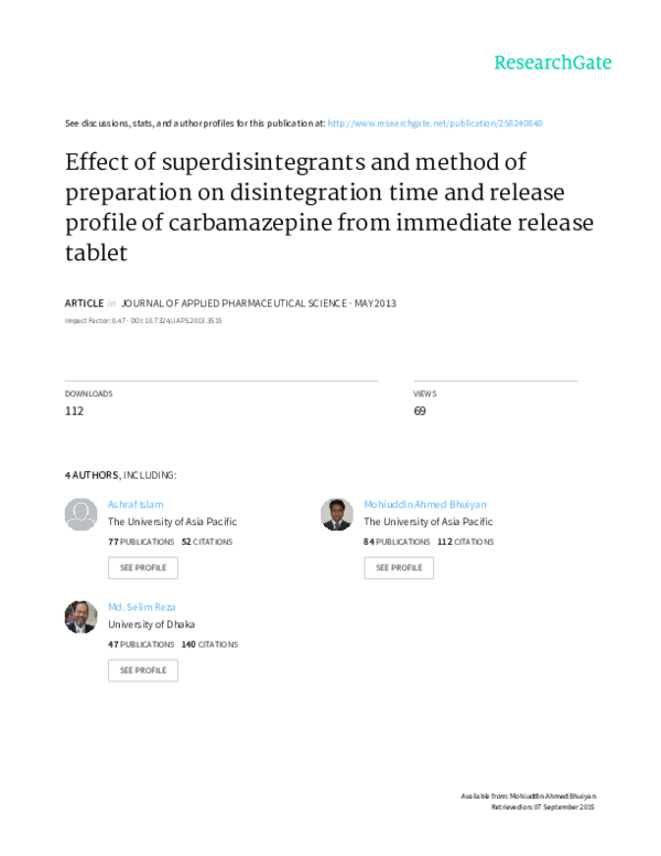 Pdf Effect Of Superdisintegrants And Method Of Preparation On Disintegration Time And Release