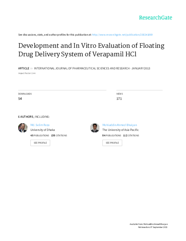 (PDF) DEVELOPMENT AND IN VITRO EVALUATION OF FLOATING DRUG DELIVERY ...