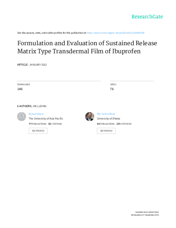 Pdf Formulation And Evaluation Of Sustained Release Matrix Type Transdermal Film Of Ibuprofen