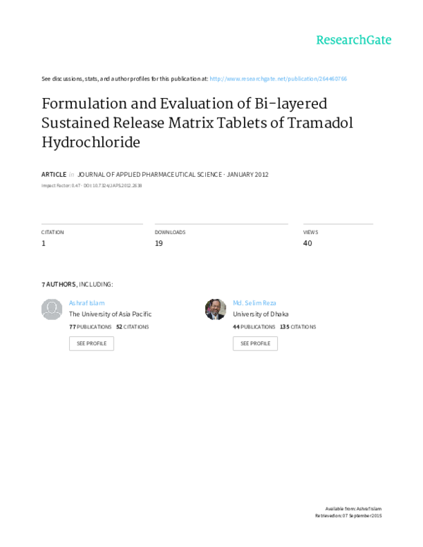 Pdf Formulation And Evaluation Of Bi Layered Sustained Release Matrix Tablets Of Tramadol