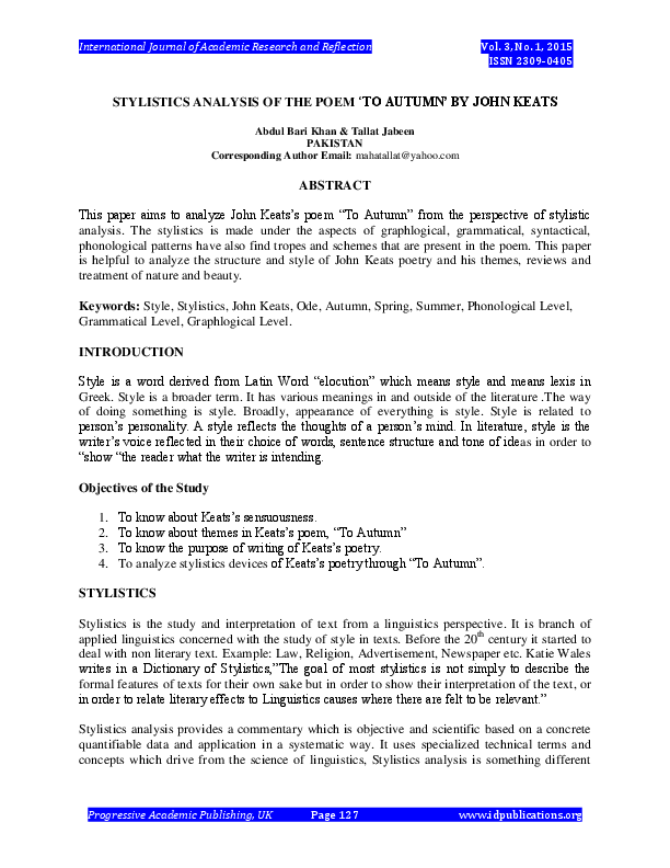 (PDF) STYLISTICS ANALYSIS OF THE POEM ‘TO AUTUMN ’ BY JOHN KEATS