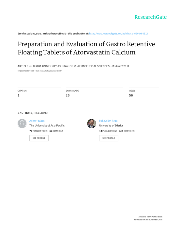 Pdf Preparation And Evaluation Of Gastro Retentive Floating Tablets Of Atorvastatin Calcium