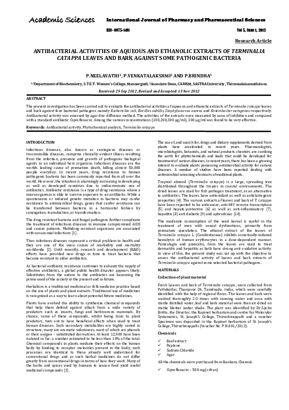 ANTIBACTERIAL ACTIVITIES OF AQUEOUS AND ETHANOLIC EXTRACTS OF TERMINALIA CATAPPA LEAVES AND BARK ...