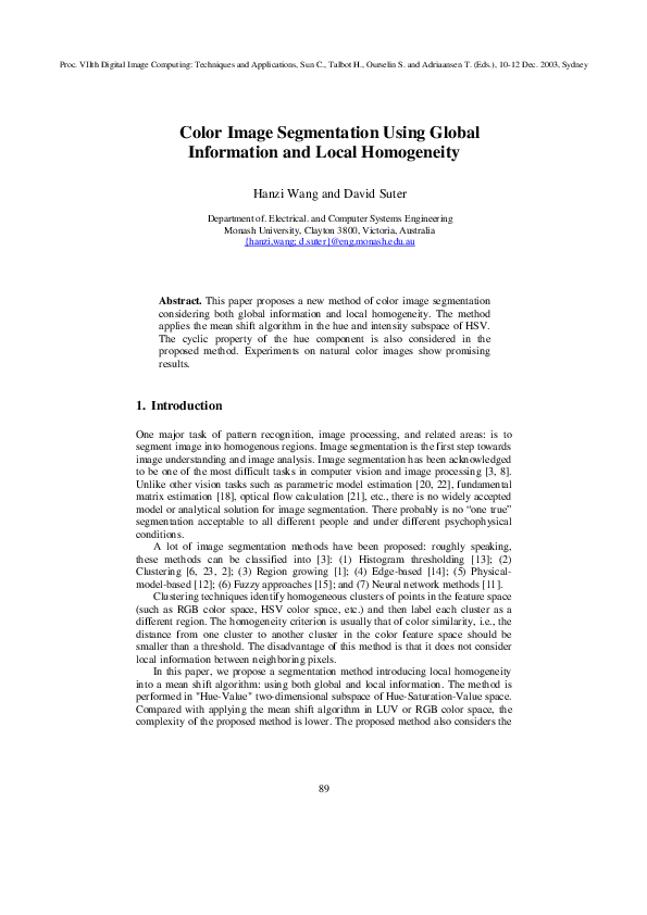 (PDF) Color Image Segmentation Using Global Information and Local Homogeneity