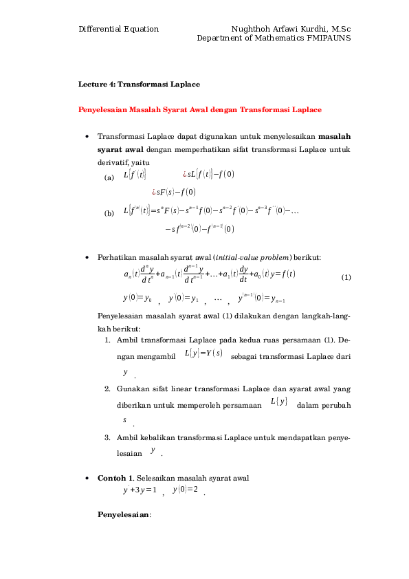 (DOC) Lecture 4 Transformasi Laplace
