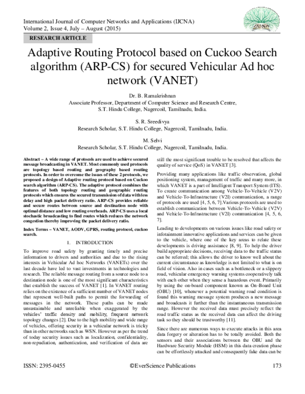 Pdf Adaptive Routing Protocol Based On Cuckoo Search Algorithm Arp Cs For Secured Vehicular