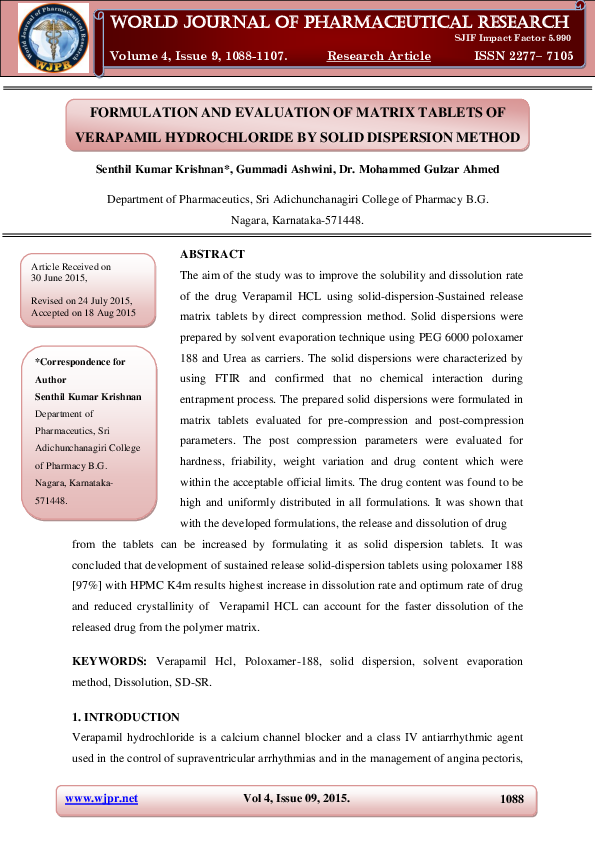 Pdf Formulation And Evaluation Of Matrix Tablets Of Verapamil Hydrochloride By Solid