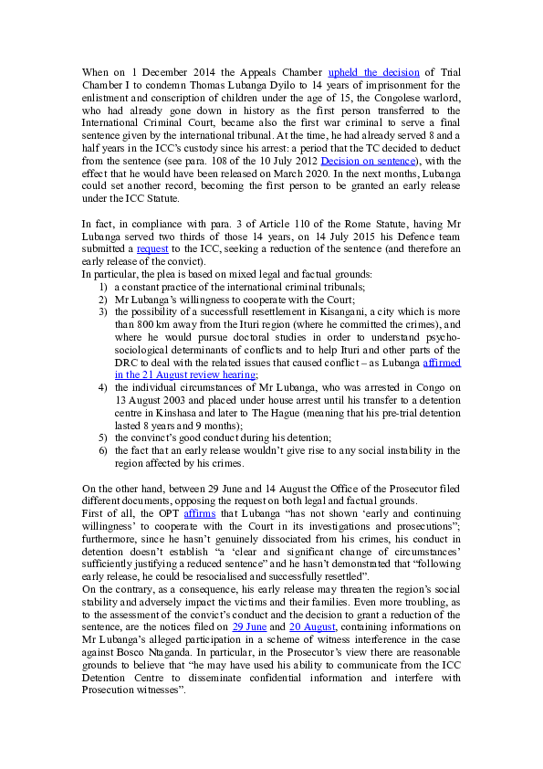 (DOC) The Early Release of an ICC Convict: the Groundbreaking Lubanga case