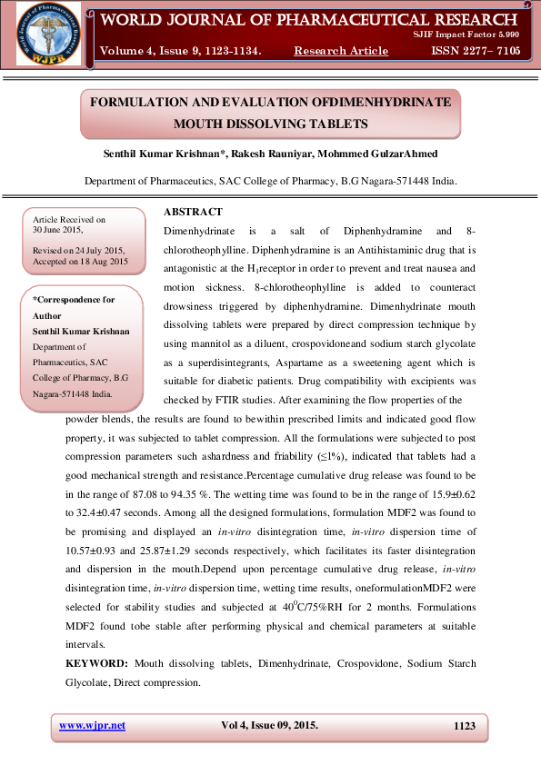 Pdf Formulation And Evaluation Ofdimenhydrinate Mouth Dissolving Tablets