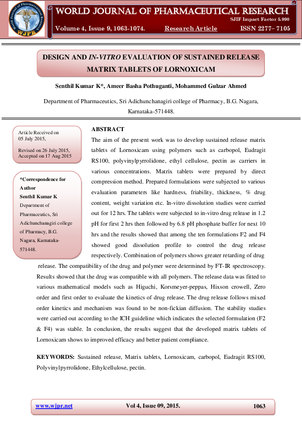 Pdf Design And In Vitro Evaluation Of Sustained Release Matrix Tablets Of Lornoxicam