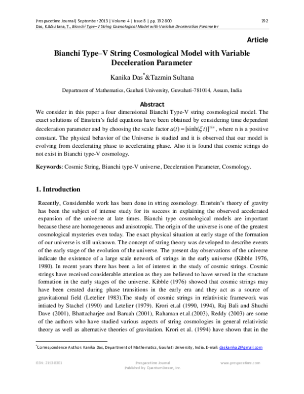 Pdf V String Cosmological Model With Variable Deceleration Parameter Bianchi Typev String