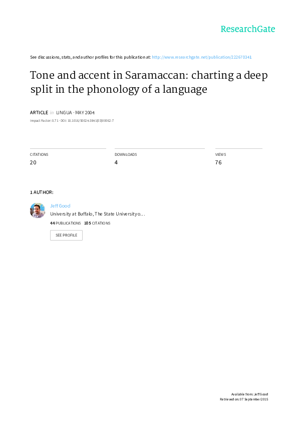 (PDF) Tone and accent in Saramaccan: charting a deep split in the ...