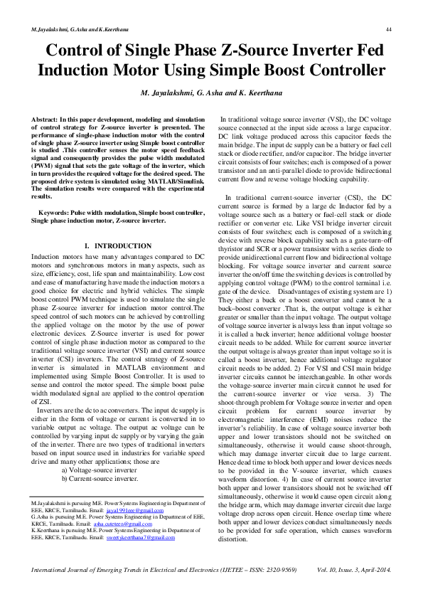 (PDF) Control of Single Phase Z-Source Inverter Fed Induction Motor Using Simple Boost Controller