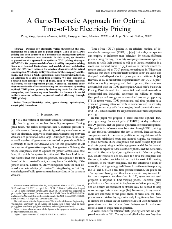 (PDF) A Game-Theoretic Approach for Optimal Time-of-Use Electricity Pricing
