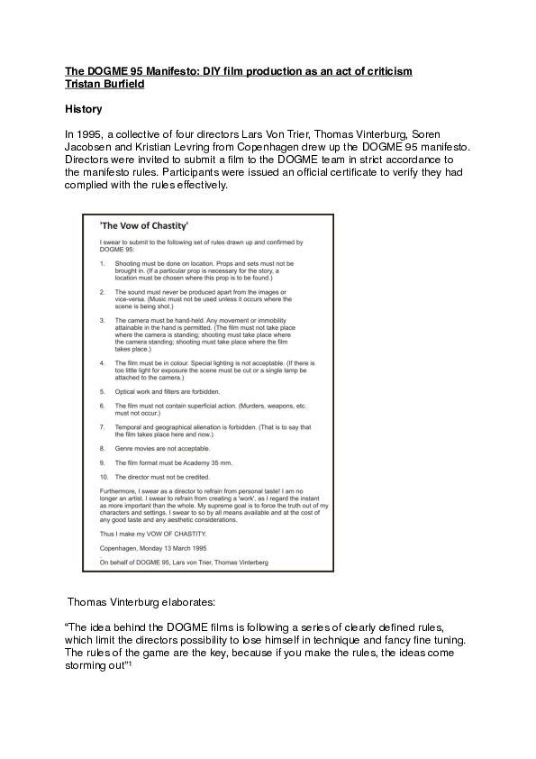 (PDF) The DOGME 95 Manifesto: DIY film production as an act of criticism
