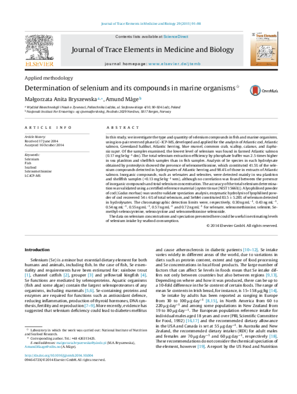 (PDF) Determination of selenium and its compounds in marine organisms