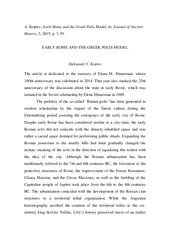 (PDF) Early Rome and the Greek Polis Model, in: Journal of Ancient ...