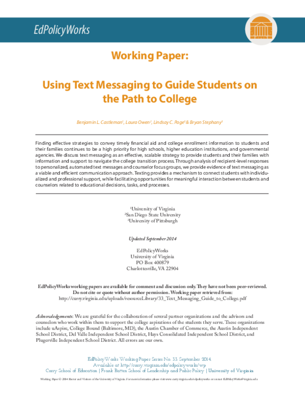 (PDF) Using text messaging to guide students on the path to college.