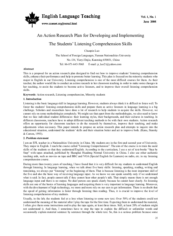 (PDF) English Language Teaching An Action Research Plan for Developing ...