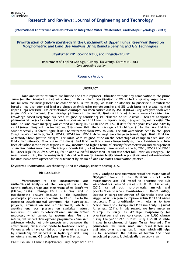 Pdf Prioritisation Of Sub Watersheds In The Catchment Of Upper Tunga Reservoir Based On