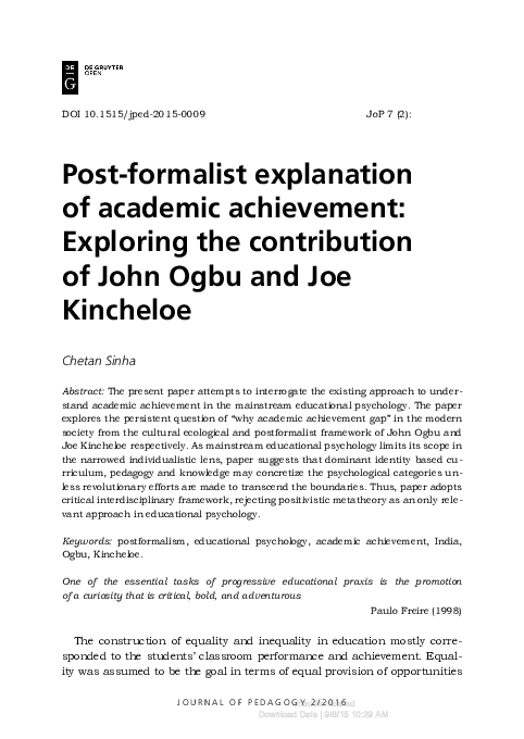 (PDF) Post-formalist explanation of academic achievement: Exploring the contribution of John ...